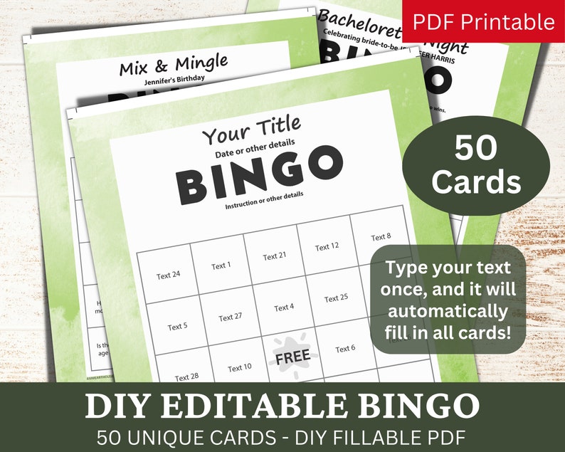 50 Editable Bingo Watercolor Green Template PDF, DIY Fillable Game ...