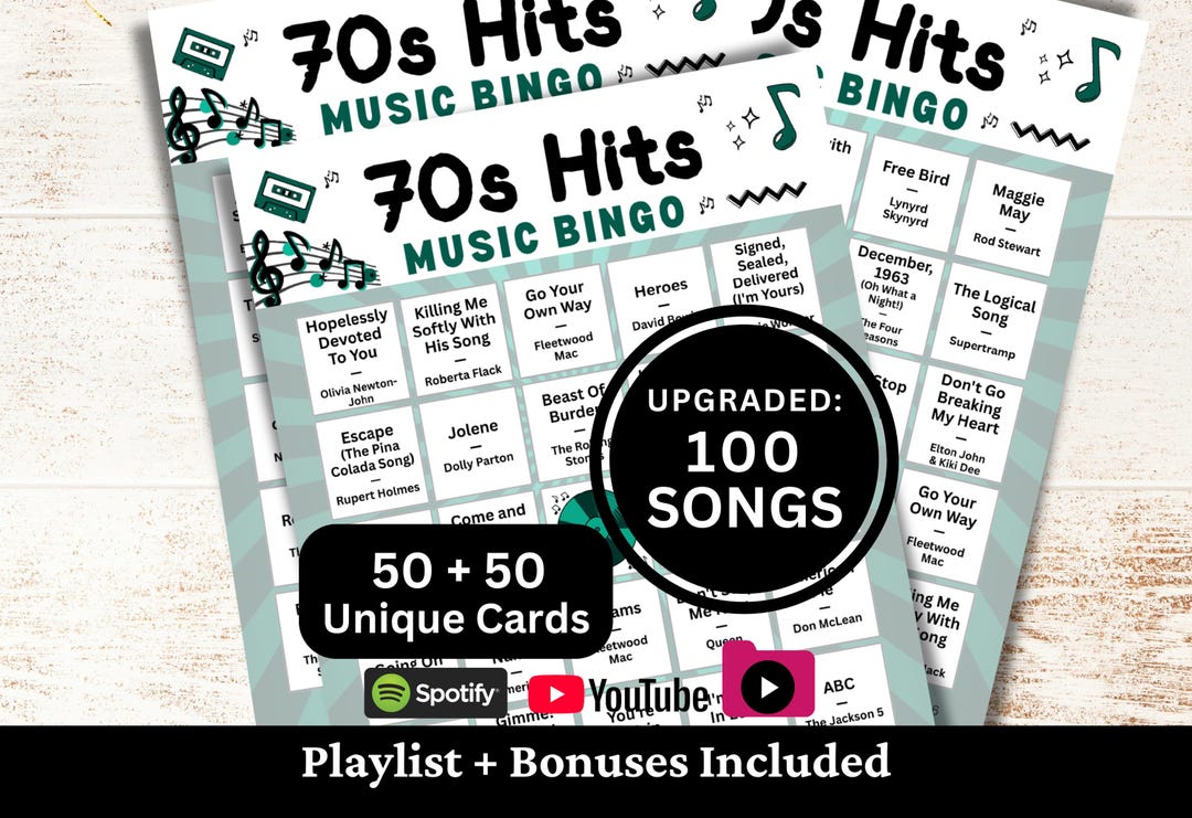 70s Hits Music Bingo, 50 Cards, 100 Songs Playlists Included, Printable ...