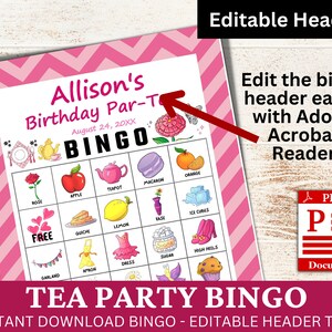 Editable Header Tea Party Bingo, Garden Tea Time Game Printable, Fun ...