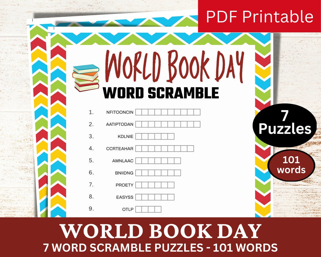 7 World Book Day Themed Word Scramble Puzzle Games, Book Lovers Club ...