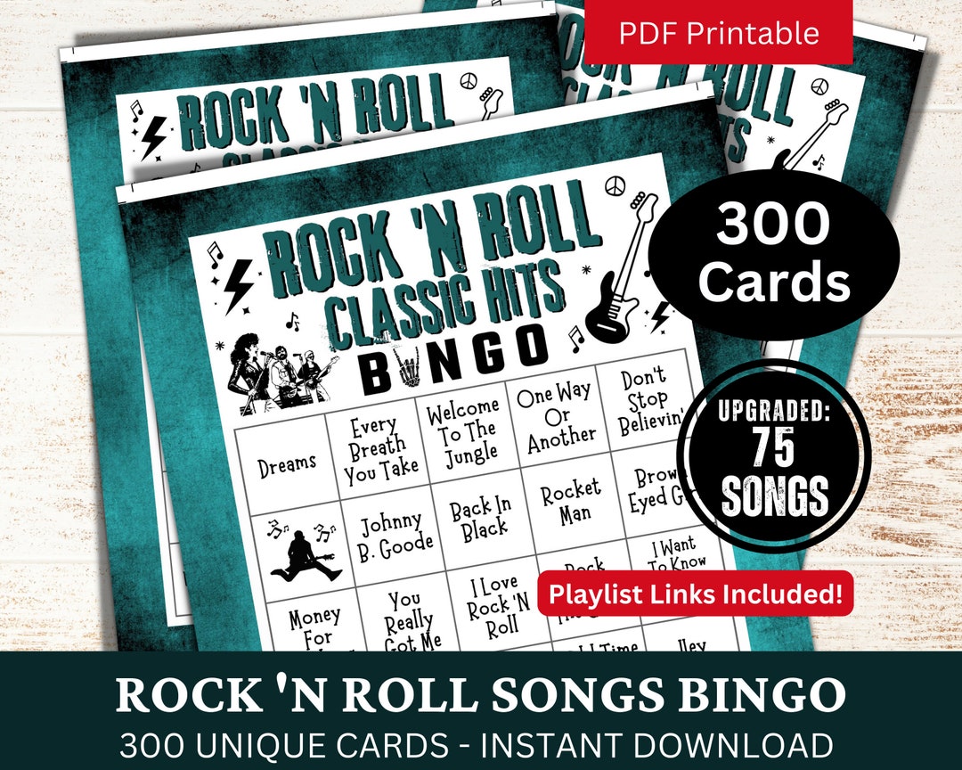 Rock and Roll Classic Songs Bingo 300 Card, Music Bingo With Playlist ...