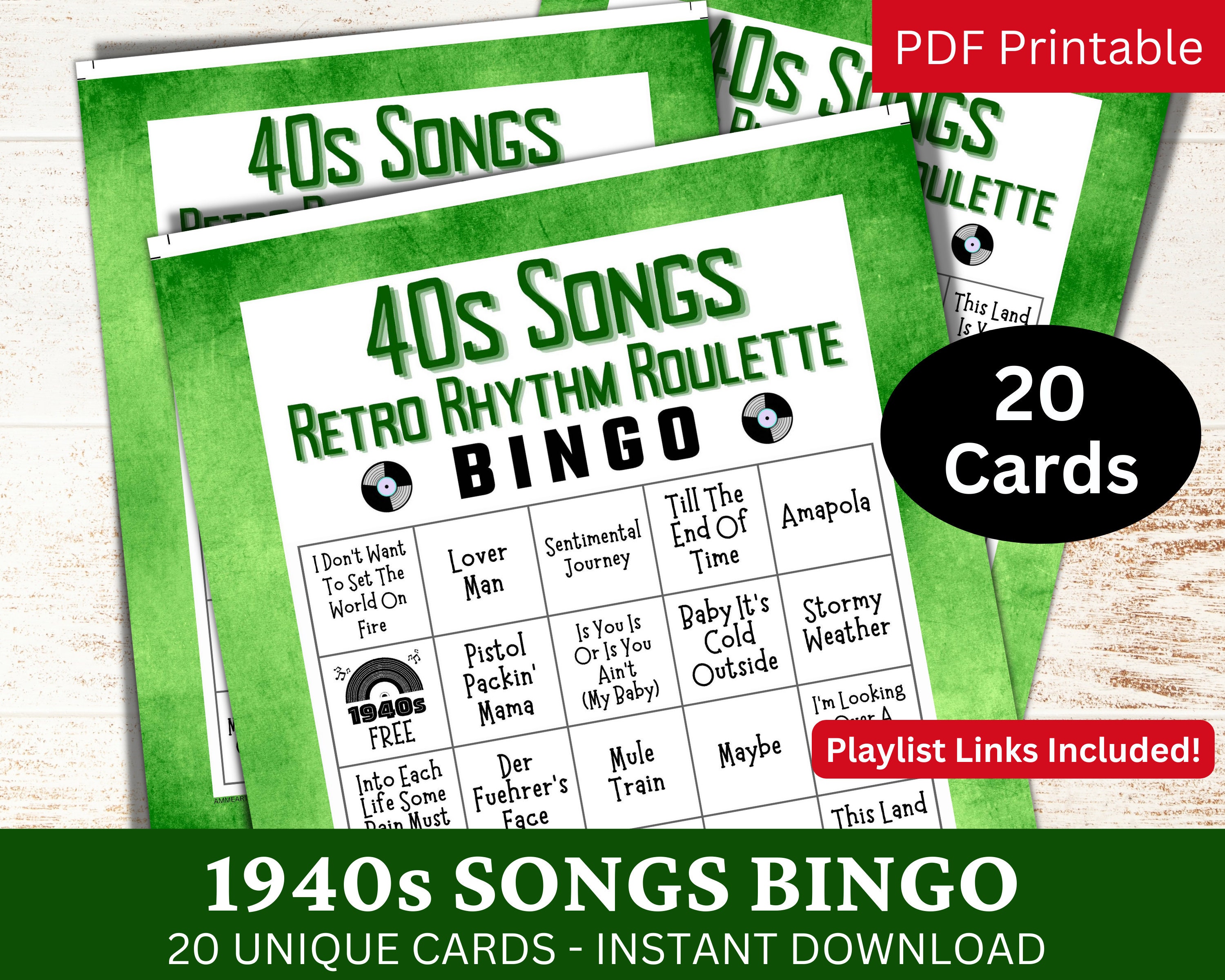 1940s Songs Bingo Game 20 Card 40s Music Bingo With Playlist - Etsy
