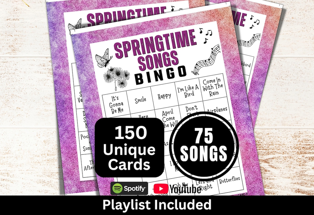 Springtime Songs Bingo 150 Card, Themed Picnic Party Activity, Garden ...