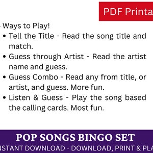 5 Pop Songs Bingo Game Cards, Pop Music Party Activity, Birthday Game ...
