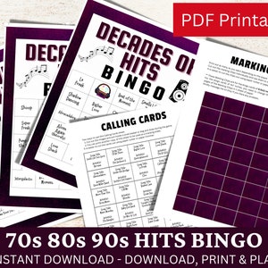 5 Decades of Hits Bingo, 70s 80s 90s Songs Game Cards for Party ...