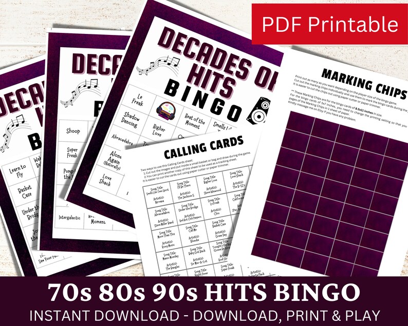 5 Decades of Hits Bingo 70s 80s 90s Songs Game Cards for - Etsy