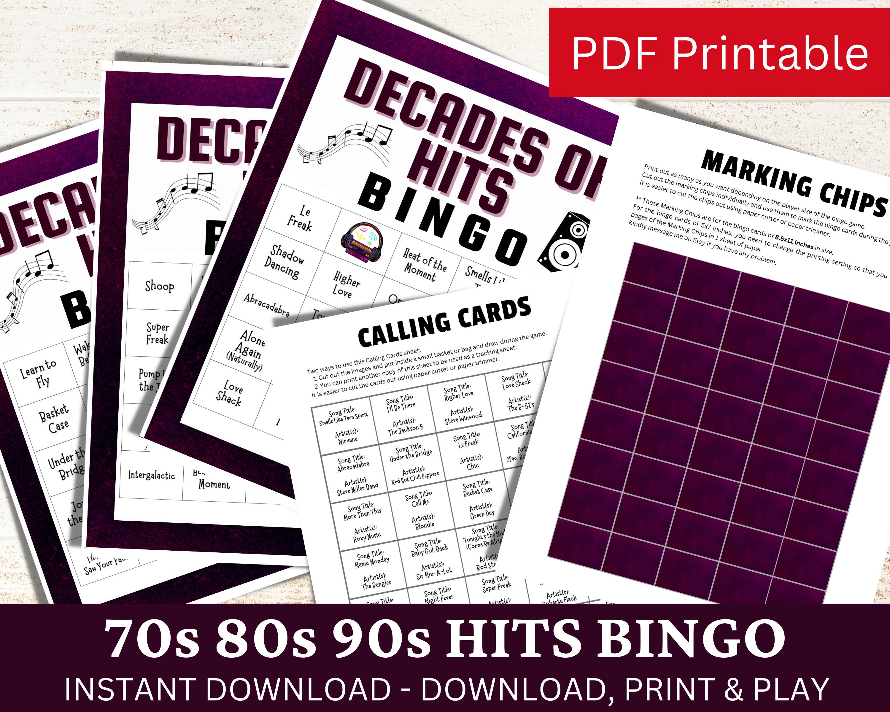 Decades of Hits Bingo 20 Cards, 70s 80s 90s Songs Game for Party ...