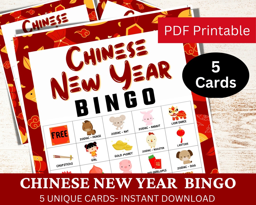 5 Chinese New Year Bingo Game Card, Lunar New Year Theme Party Activity ...