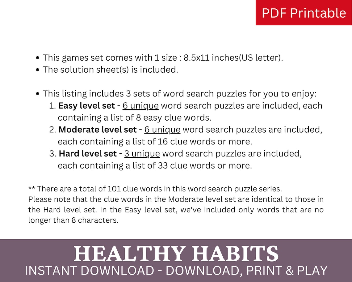 15 Healthy Habits Word Search Puzzle Game Good Practice - Etsy