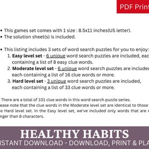 15 Healthy Habits Word Search Puzzle Game, Good Practice Activity, Self ...
