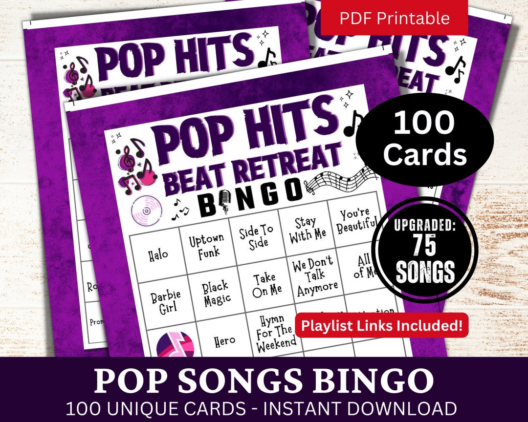 Pop Songs Bingo Game 100 Cards, Pop Music Party Activity, Birthday Game ...