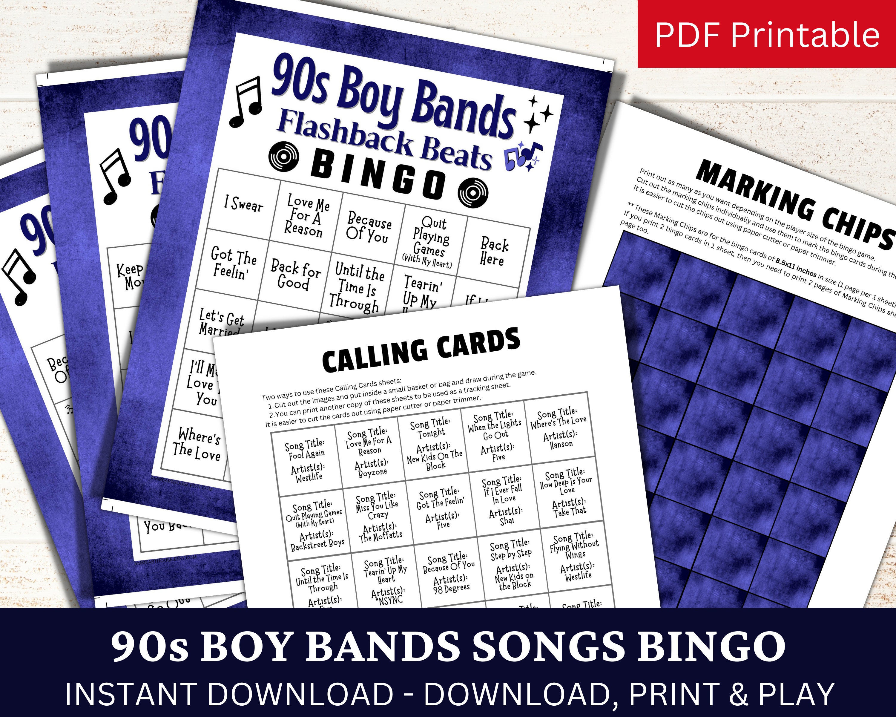 1990s Boy Bands Songs Bingo Game 20 Card, Throwback Music Bingo With ...