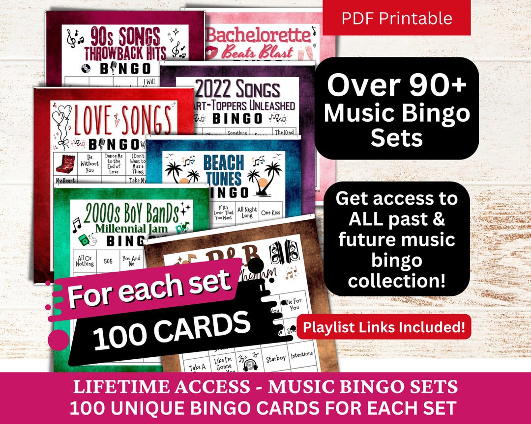 Music Bingo Sets Bundle - 100 Unique Bingo Cards ALL Past and Future ...