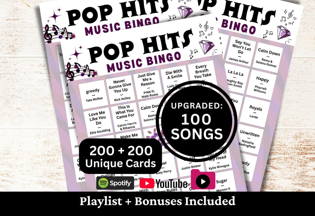 Pop Hits Music Bingo, 200 Cards, 100 Songs Playlists Included, Instant ...