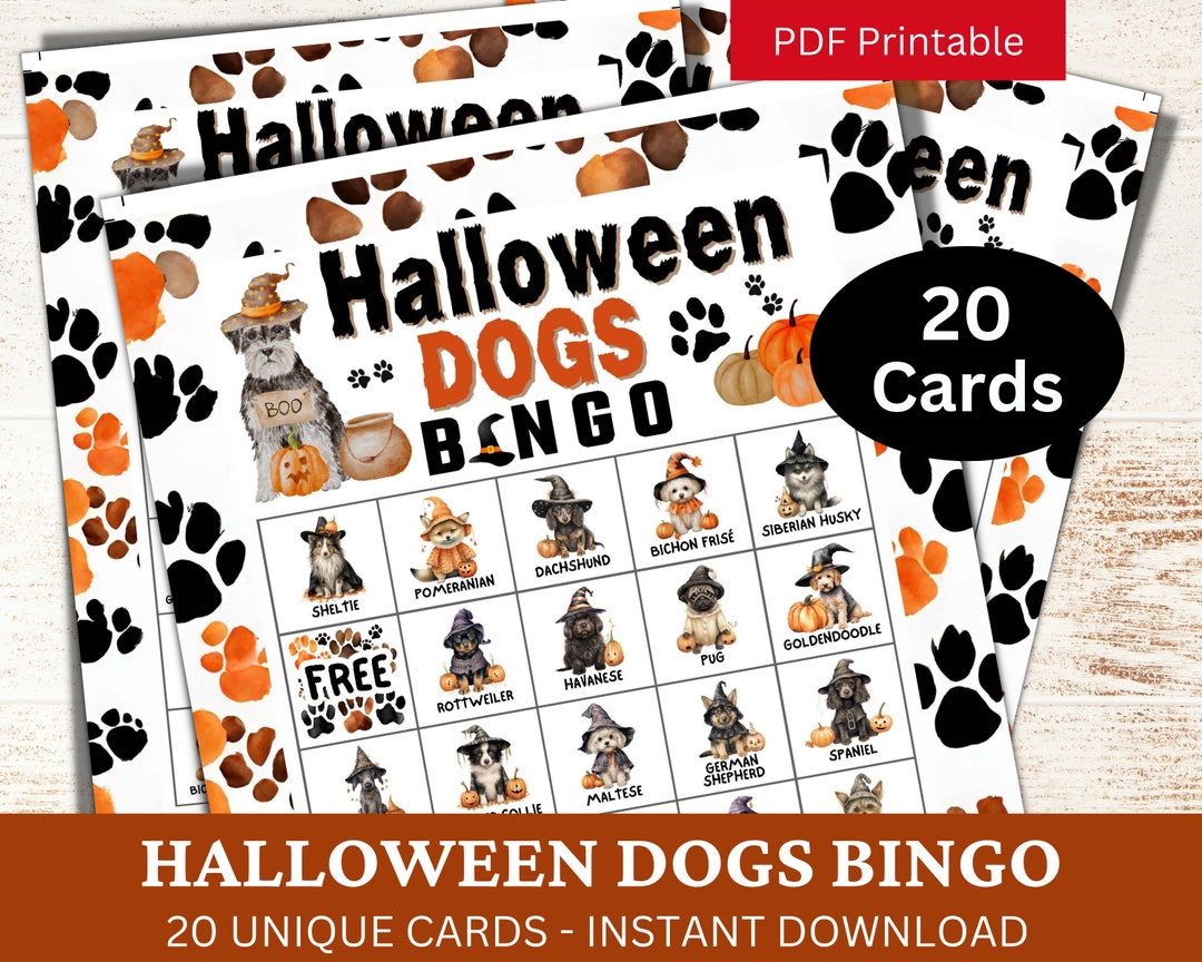 Halloween Dogs Bingo 20 Cards for Party Bash Gathering, Watercolor Pet ...