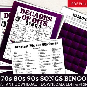 Decades of Hits Bingo 20 Cards, 70s 80s 90s Songs Game for Party ...