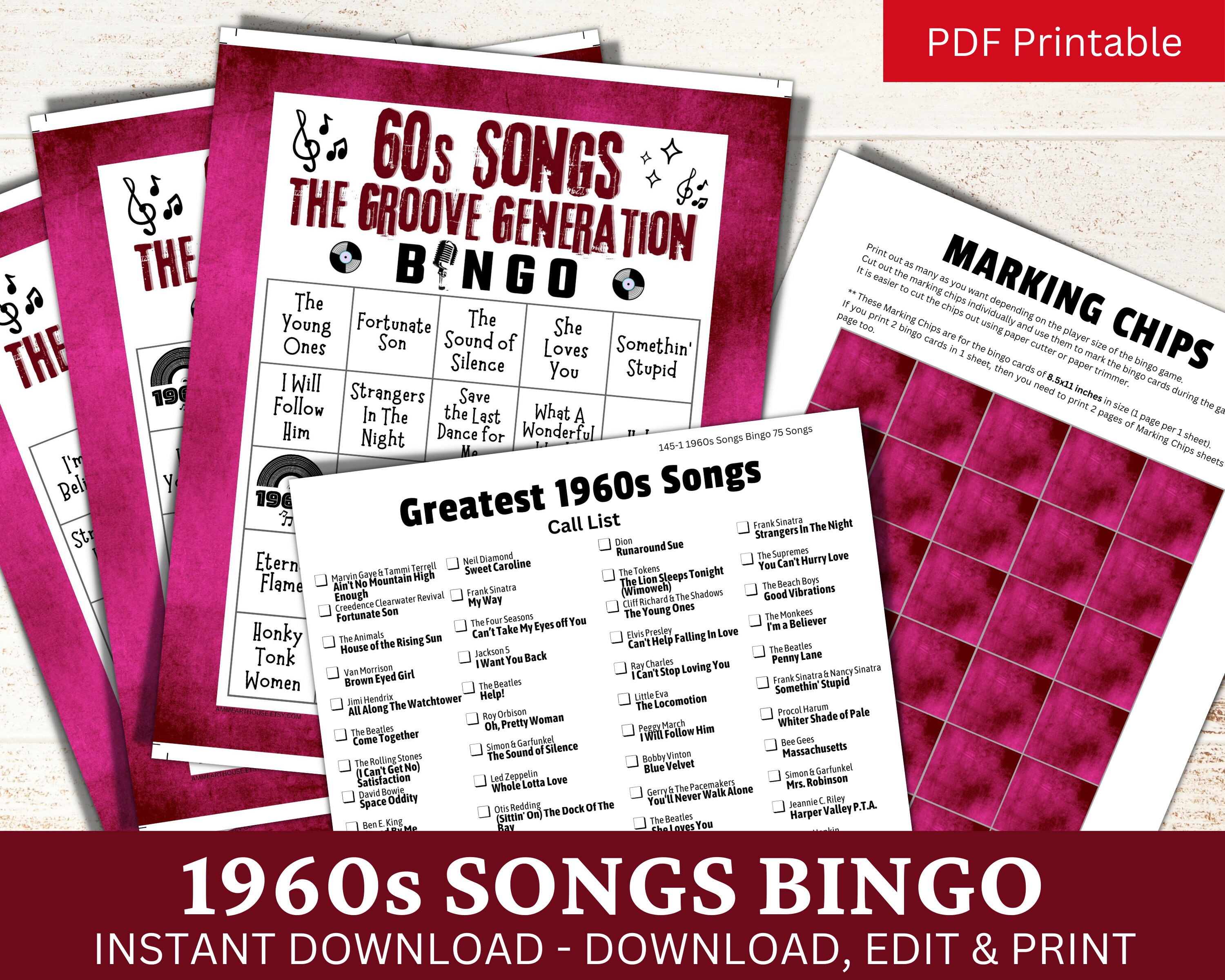 60s Songs Bingo Game 100 Card, 1960s Music Bingo With Playlist, Family ...
