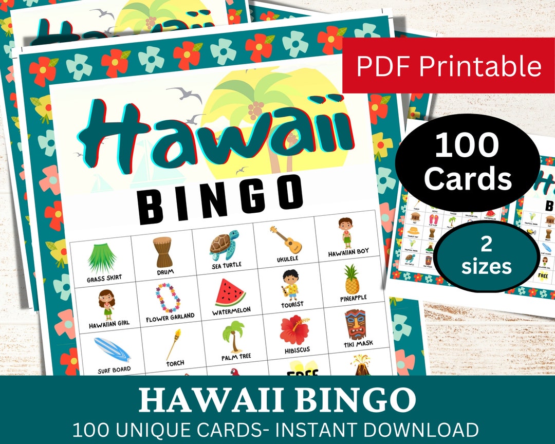 100 Hawaii Bingo Game Card, Fun Travel Theme Birthday Activity, Summer ...