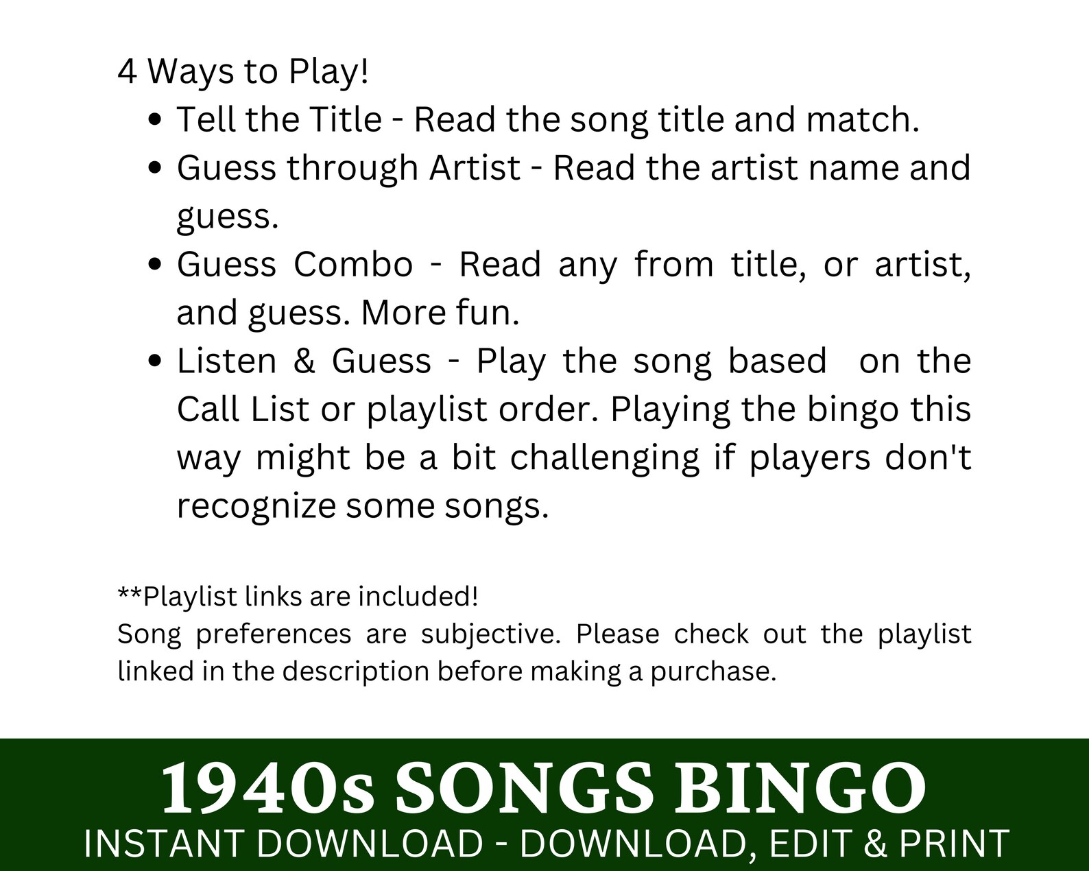 1940s Songs Bingo Game 20 Card, 40s Music Bingo With Playlist, Family ...