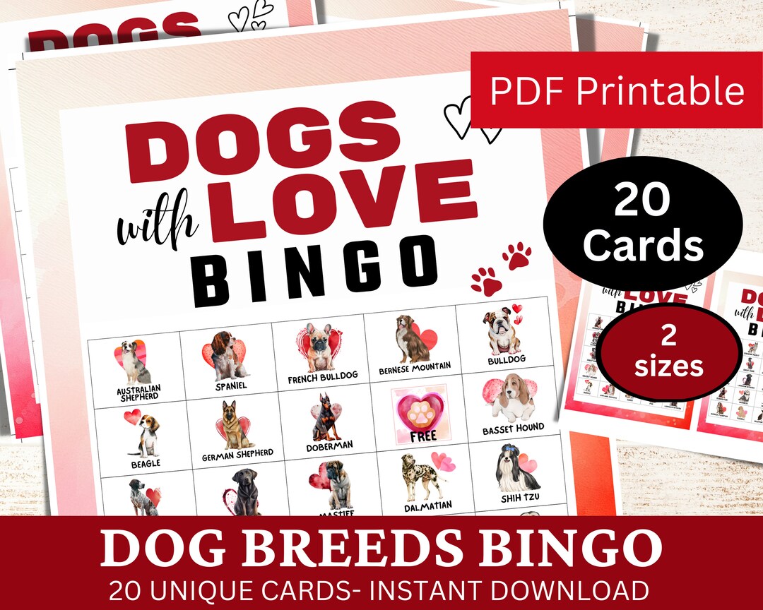 20 Dog Breeds Bingo Game Card, Dogs With Love Watercolor Theme Party ...