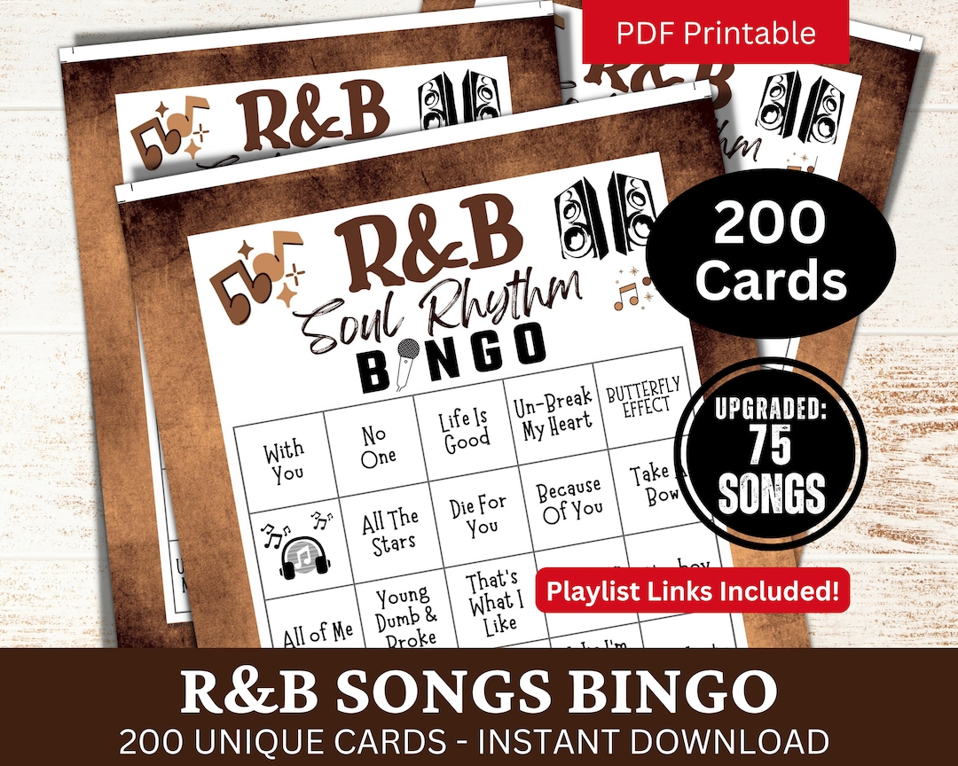 R&B Songs Bingo 200 Cards, 90s Rnb Music Printable, Family Party Activity, Rhythm Blues Music ...