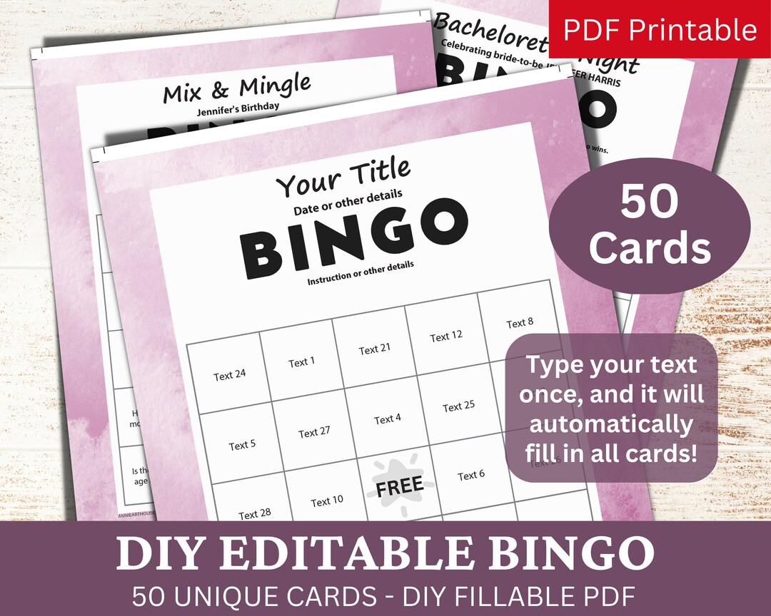 50 Editable Bingo Watercolor Violet Template PDF, DIY Fillable Game ...