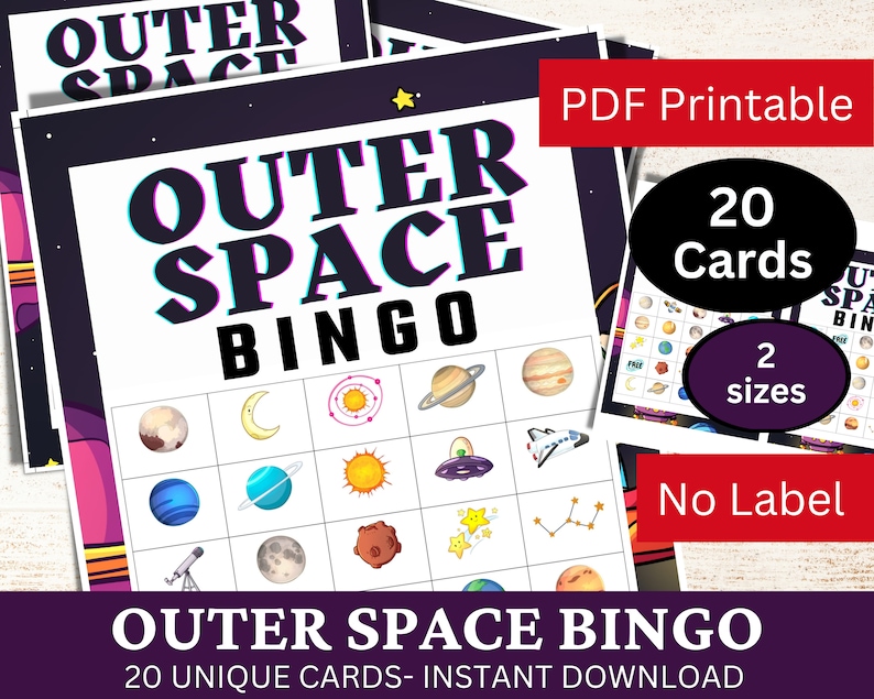 20 Outer Space Bingo Game Card, Fun Solar System Theme Party Activity ...