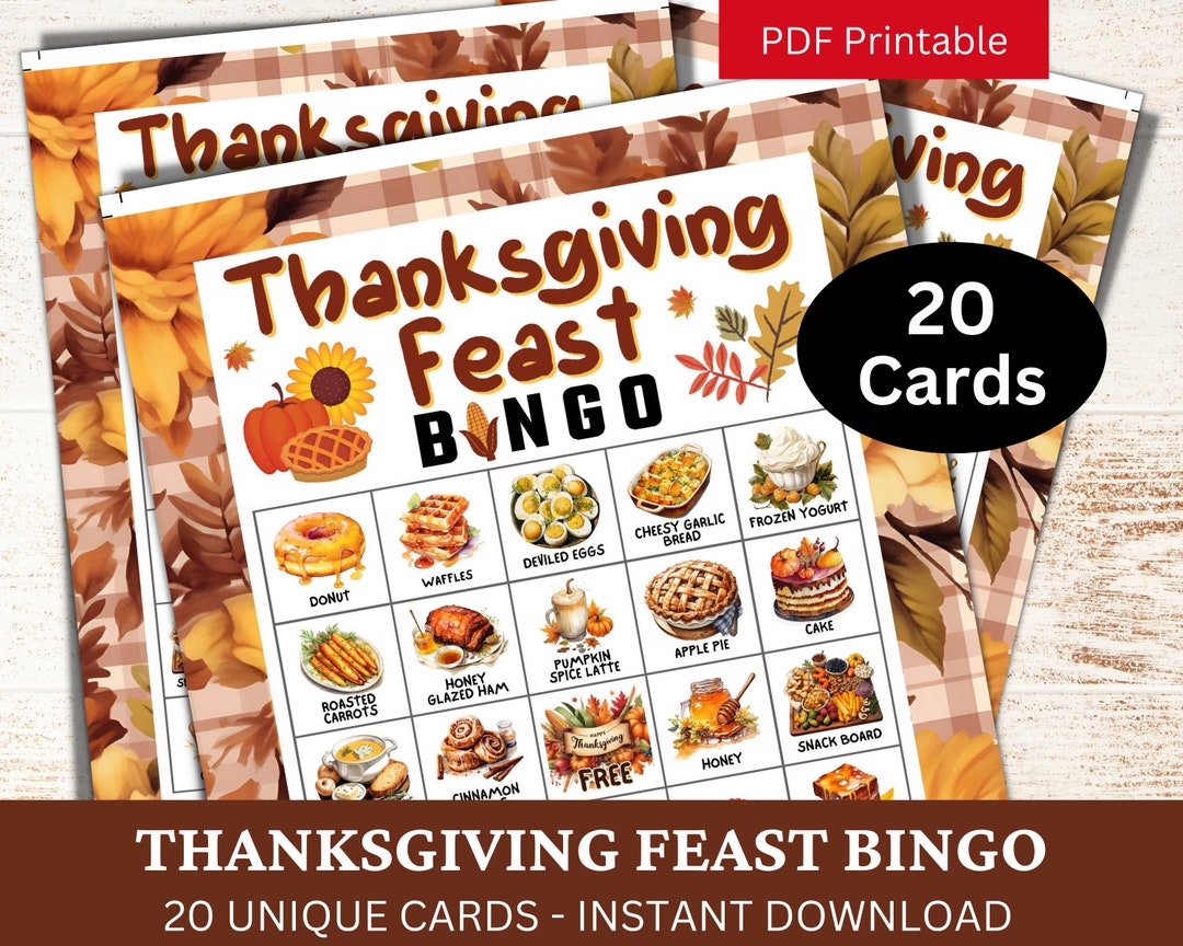 Thanksgiving Feast Bingo 20 Cards, Watercolor Food Theme Family Game ...