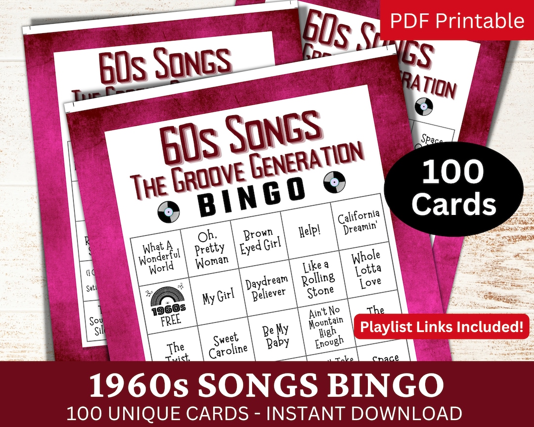 60s Songs Bingo Game 100 Card 1960s Music Bingo With - Etsy