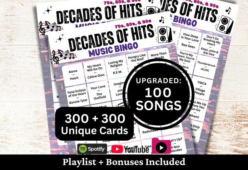 Decades 70s 80s 90s Music Bingo, 300 Cards, 100 Songs Playlists ...