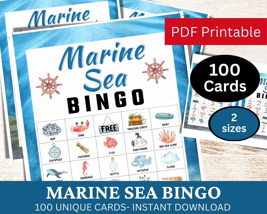 100 Marine Sea Bingo Game Card, Underwater Theme Class Party Activity ...