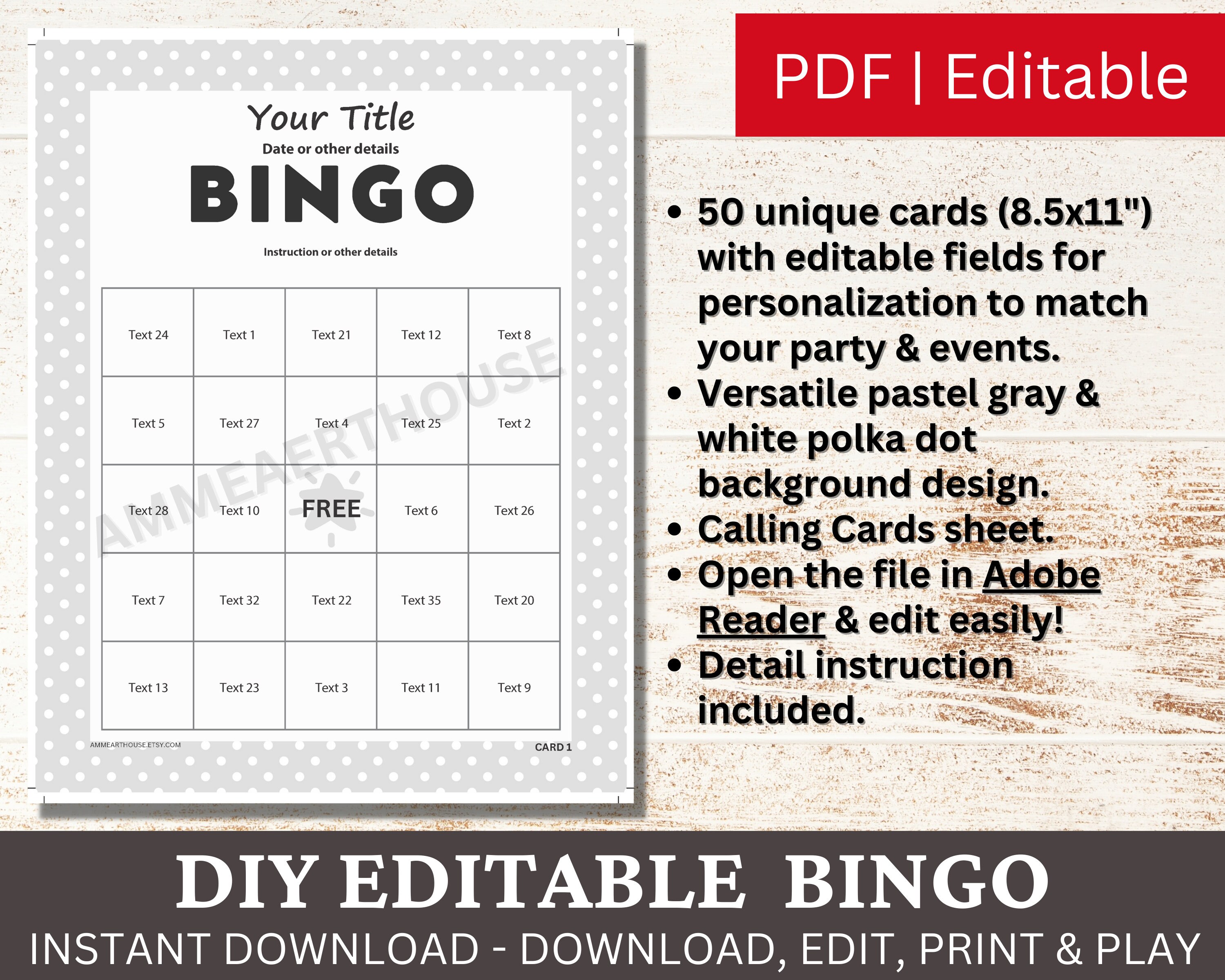 50 Editable Bingo Pastel Gray Template PDF, DIY Fillable Bingo Game ...