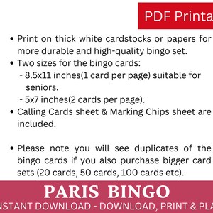 150 Paris Bingo Game Card, Fun Travel Theme Birthday Party Activity ...