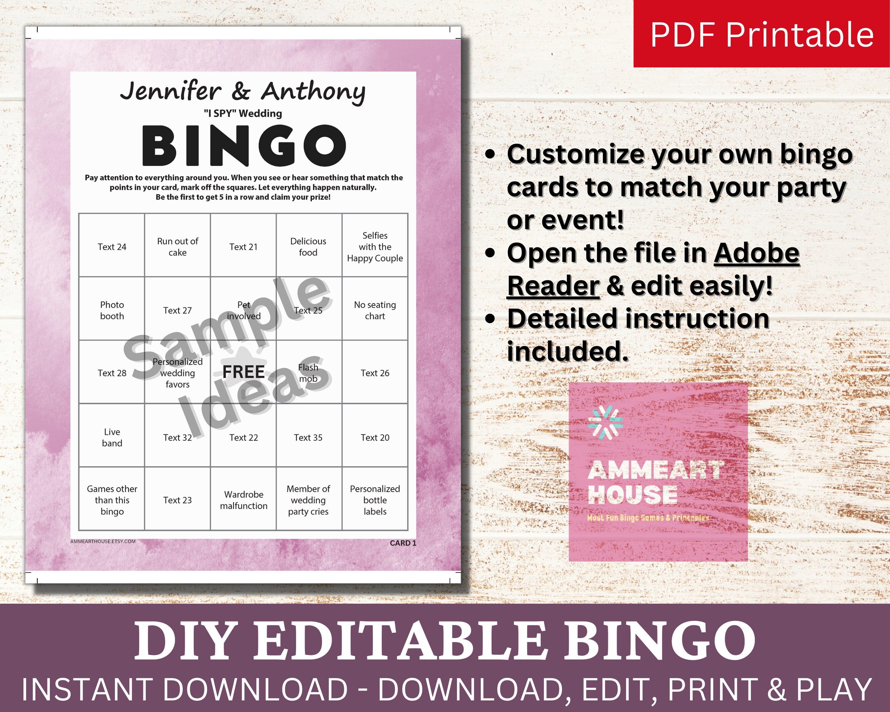 100 Editable Bingo Watercolor Violet Template PDF, DIY Fillable Game ...