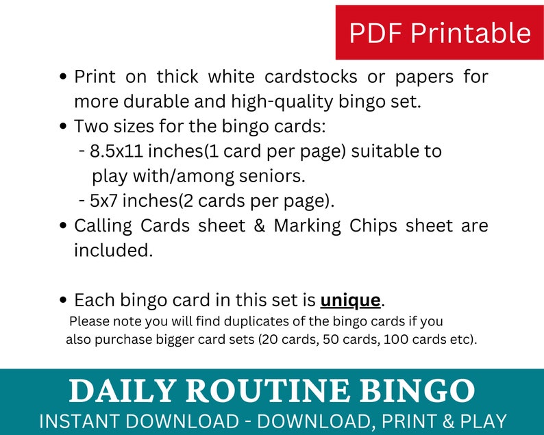 50 Daily Routine Bingo Game Card, Daily Chores Bingo, Self Care ...