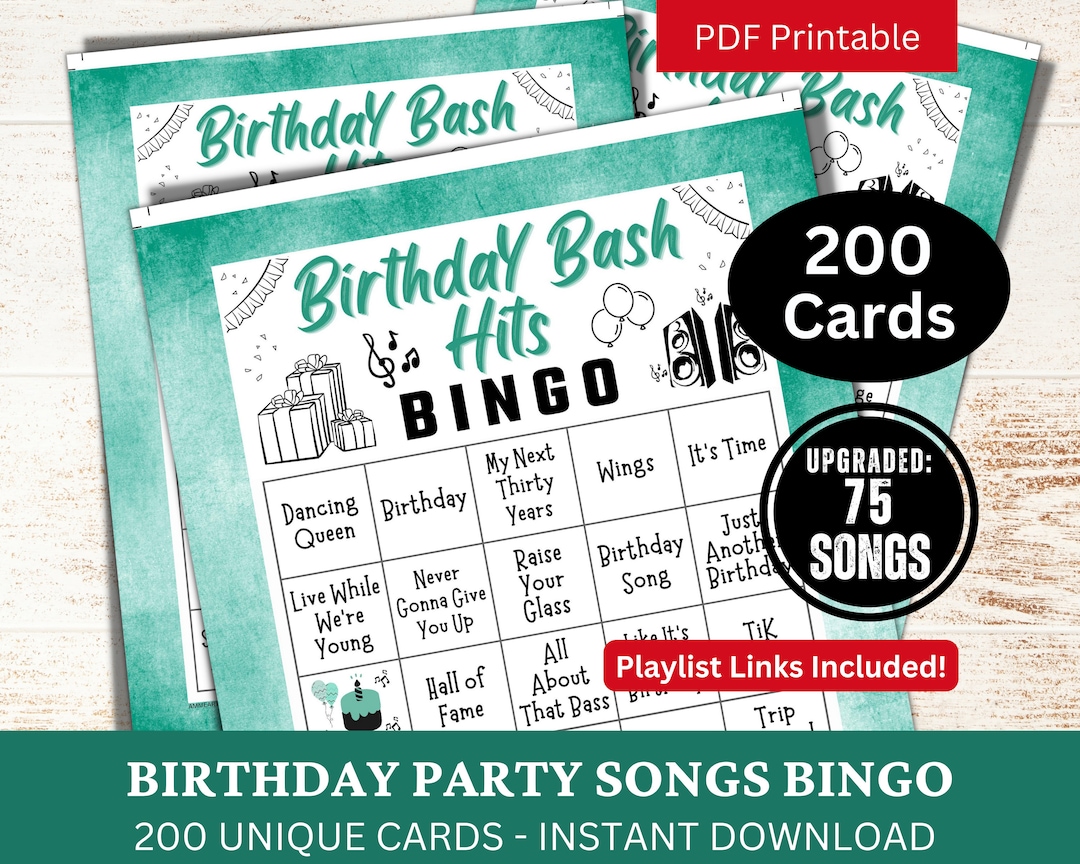 Birthday Party Songs Bingo 200 Card, Celebration Music Bingo With ...