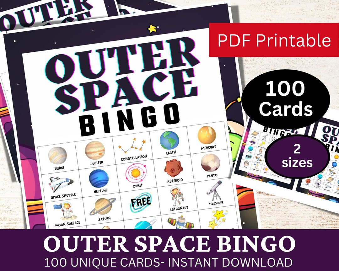 100 Outer Space Bingo Game Card, Fun Solar System Theme Party Activity ...