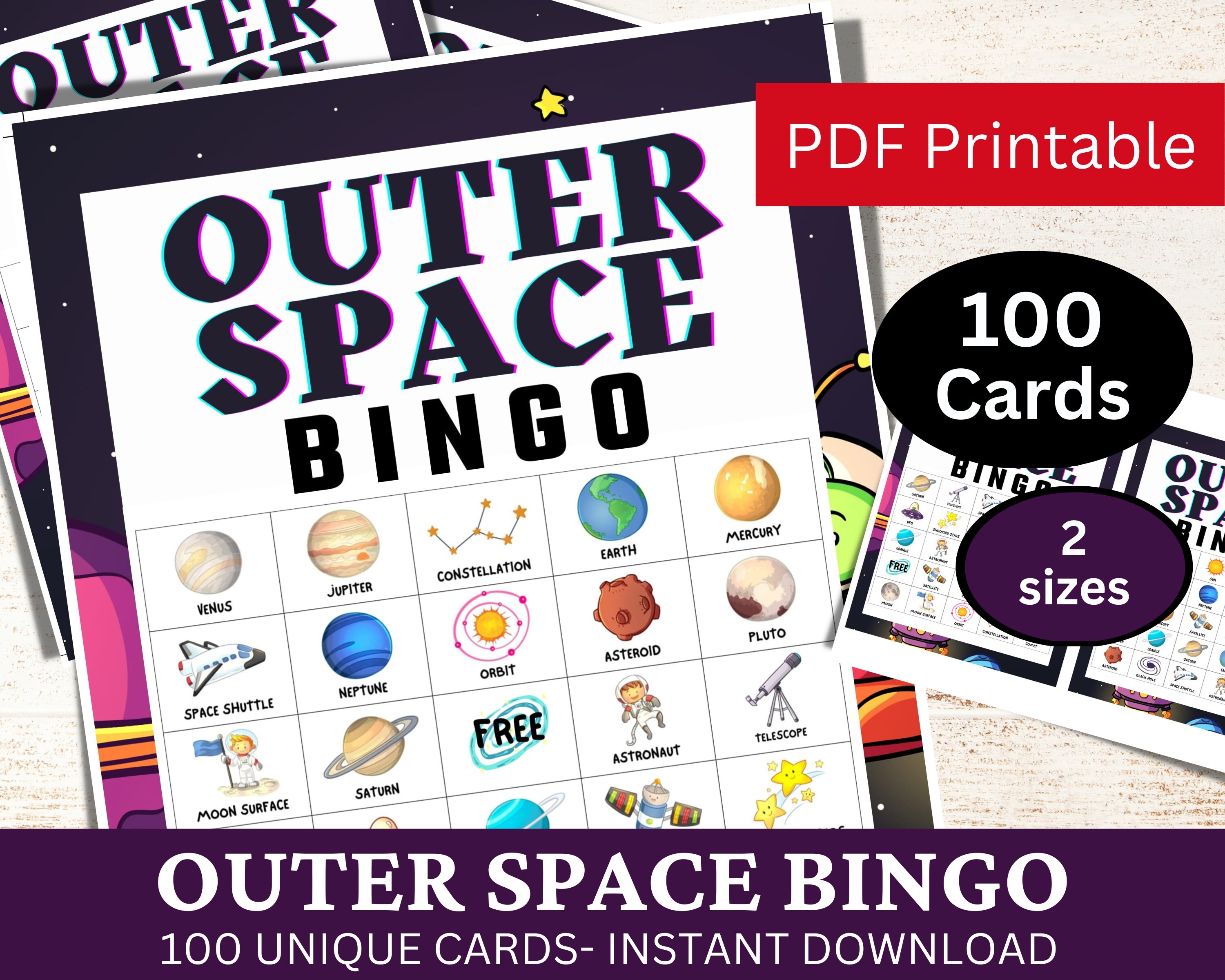 100 Outer Space Bingo Game Card, Fun Solar System Theme Party Activity ...