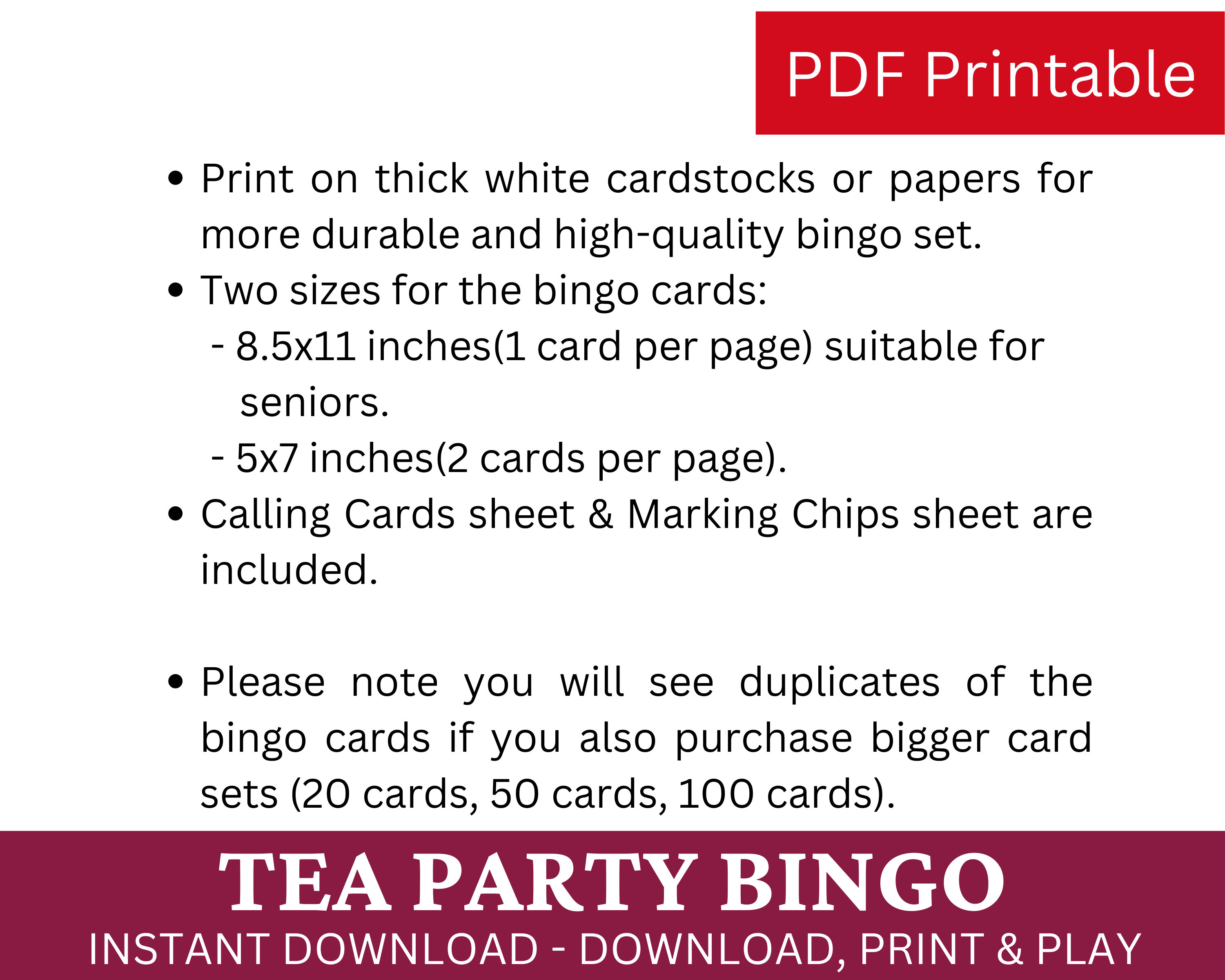 100 Tea Party Bingo Game Card, Fun Birthday Theme Party Activity ...