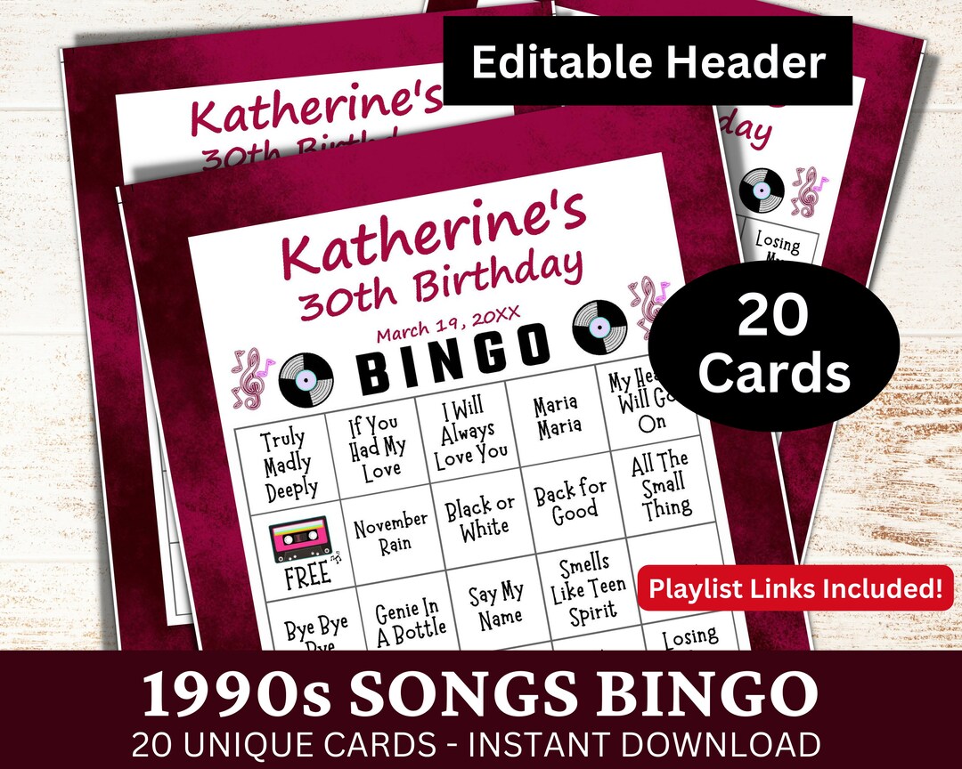 Editable Header Throwback 90s Songs Bingo, Family Night Gathering ...
