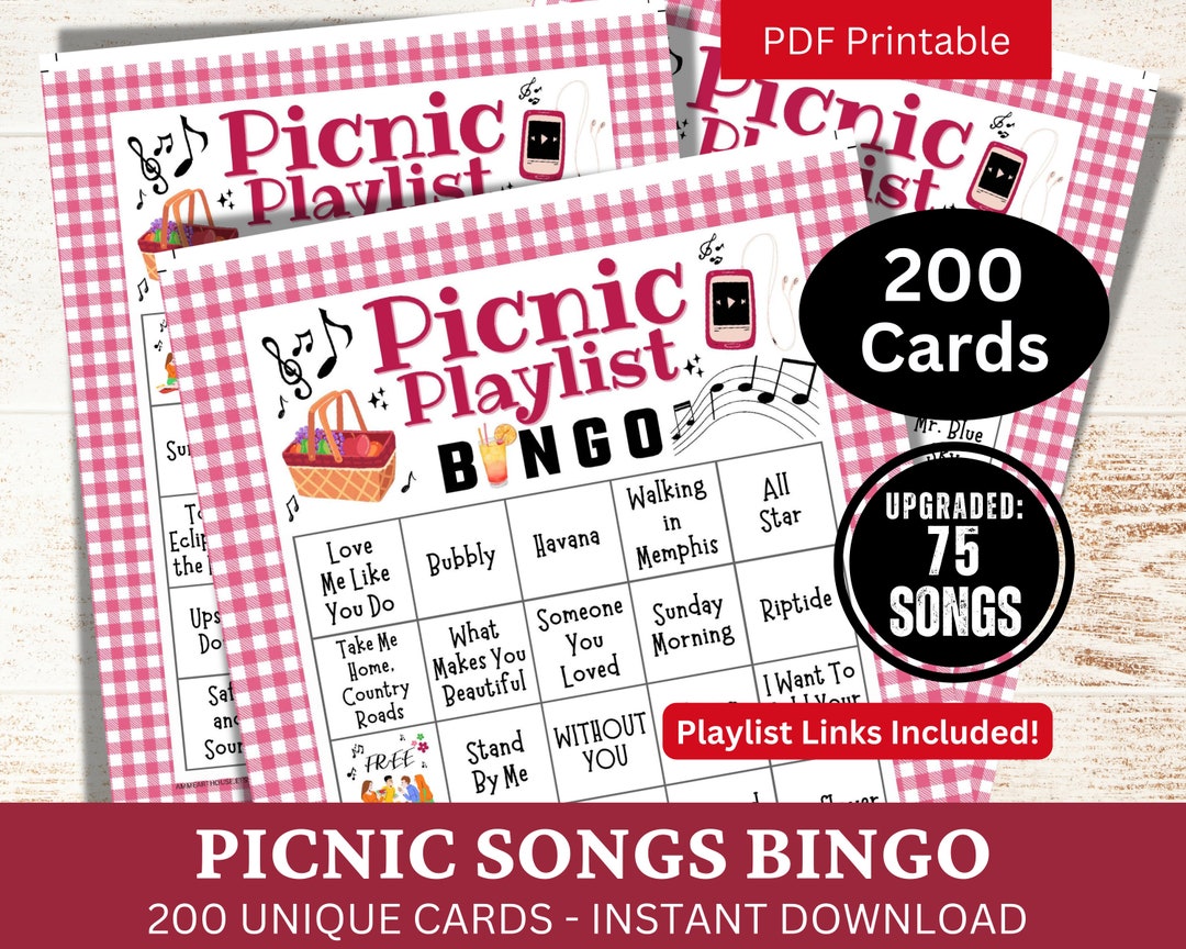 Picnic Songs Bingo 200 Card, Birthday Theme Party Game, Family Reunion ...