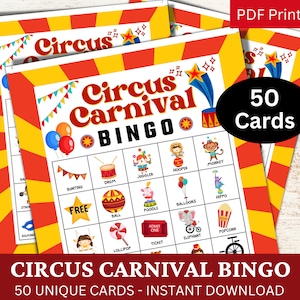 50 Circus Carnival Bingo Game, Family Birthday Party Activity, Road ...