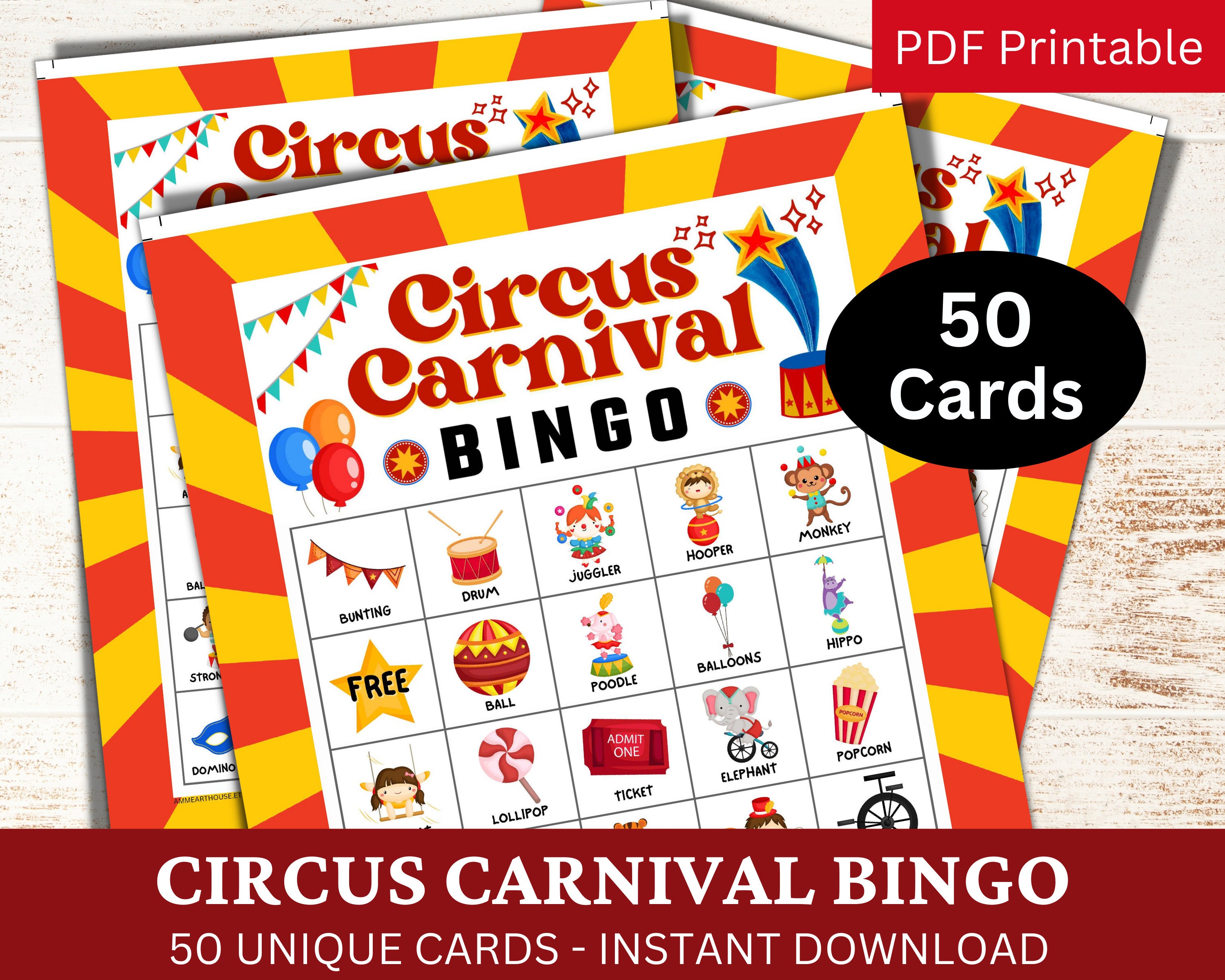50 Circus Carnival Bingo Game, Family Birthday Party Activity, Road ...