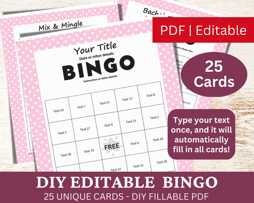 25 Editable Bingo Pastel Pink Template PDF, DIY Fillable Bingo Game ...
