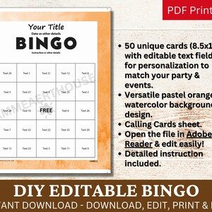 50 Editable Bingo Watercolor Orange Template PDF, DIY Fillable Game ...