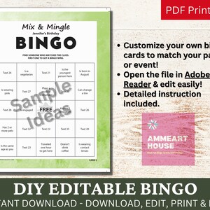 50 Editable Bingo Watercolor Green Template PDF, DIY Fillable Game ...