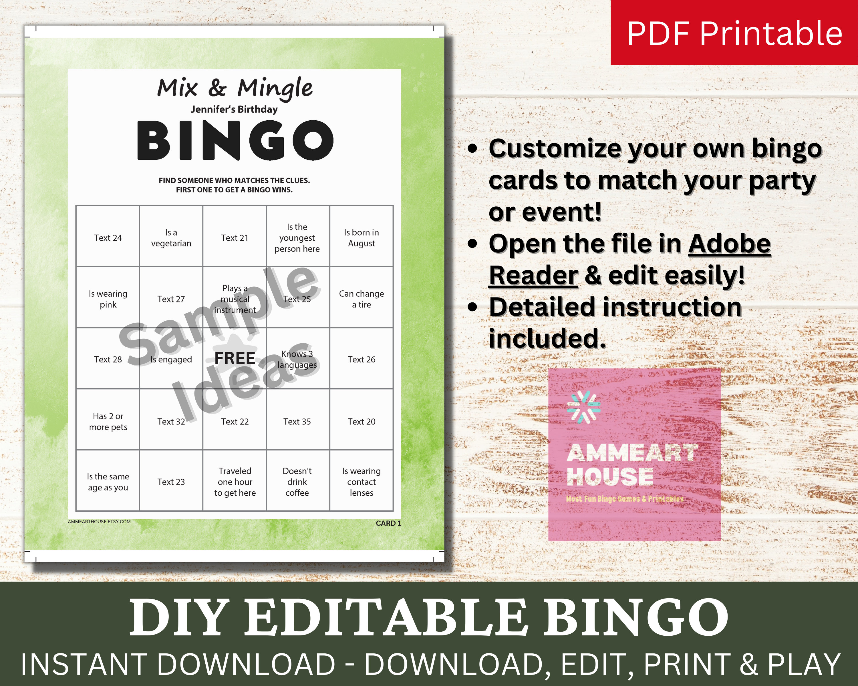50 Editable Bingo Watercolor Green Template PDF DIY Fillable - Etsy