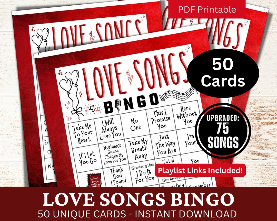 Love Songs Bingo Game 50 Cards, Romance Pop Music Party Activity ...