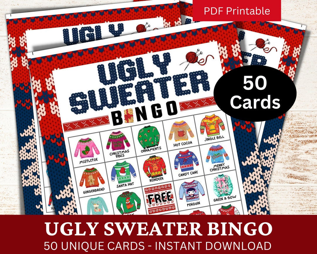 Ugly Christmas Sweater Bingo 50 Cards, Fun Holiday Party Activity ...