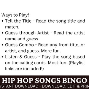 Hip Hop Songs Bingo Game 100 Card, Rap Music Party Activity, Family ...